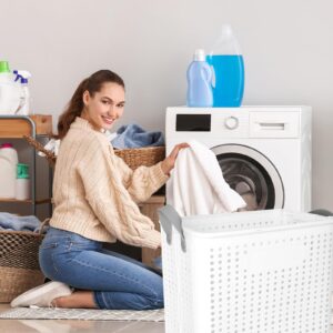 Collapsible Laundry Baskets With Wheels,Laundry Hamper,Foldable Rolling Laundry Basket Plastic With Handles& Breathable, 62L(16Gallon) White