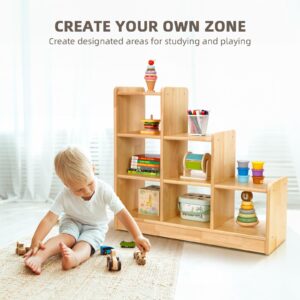 OOOK Rubber Wood 6 Cube Storage Organizer, Ladder Corner Shelf with Display Paltform, 3 Tier Kids Bookshelf and Toy Storage, Kids Furniture, Natural Solid Wood.