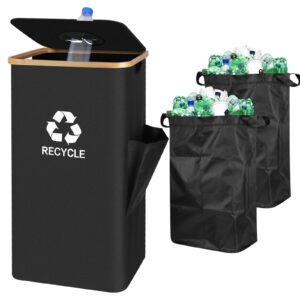 recycling bin organizer for home - 26 gallon recycle bin for kitchen with 2 reusable inner bags - indoor recycling bins with lid for bottles cans glass plastic cartons, waterproof & reusable (black)