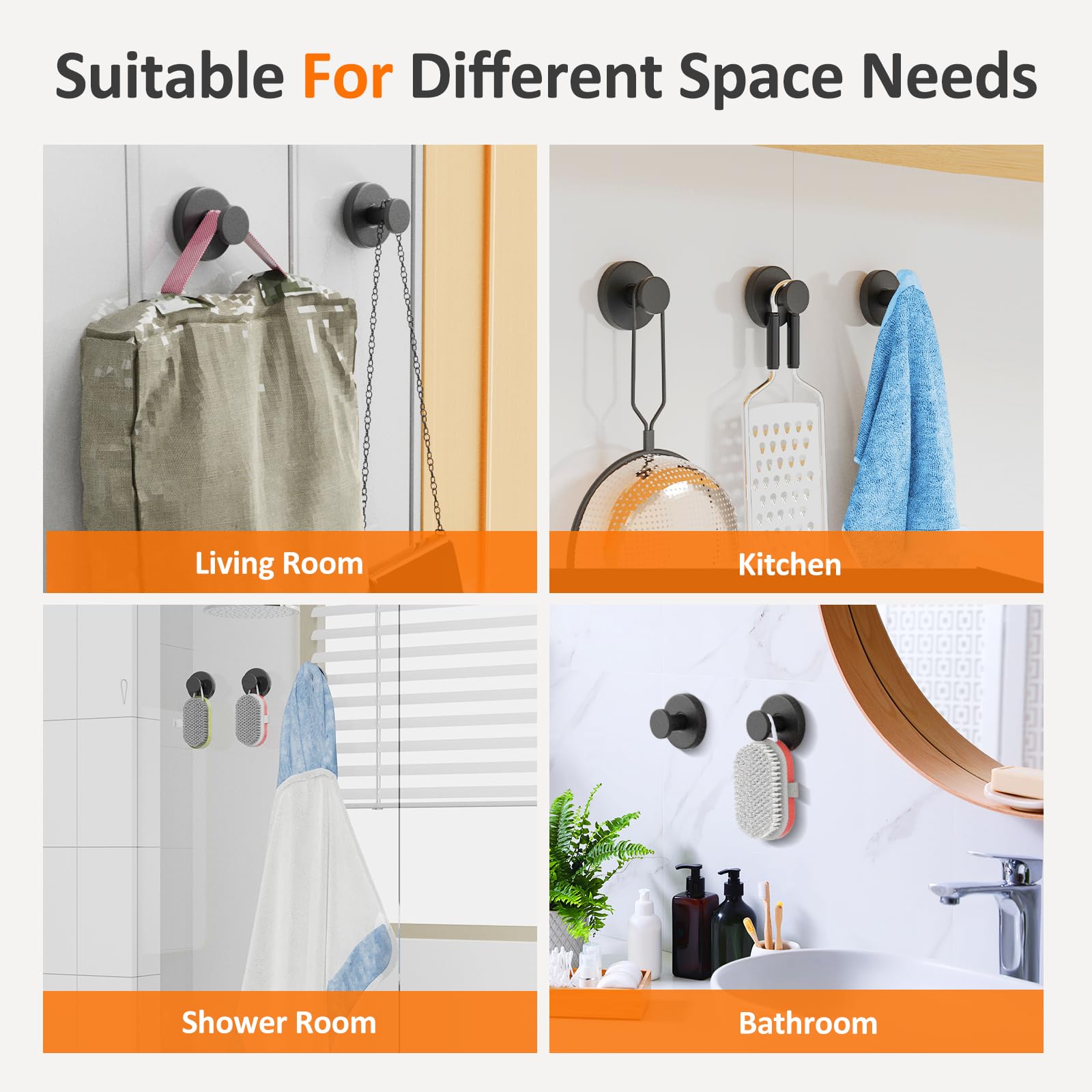 Suction Cup Hooks for Shower, Bathroom, Hanging Towels, Robe, Loofah, 2 Pack Upgrade Stainless Steel Suction Cup Hooks, Mounting on Glass Shower Doors, Tile, Mirrors, Hanging Up To 11 Lbs, Matte Black