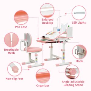 MOOITZ Kids Desk and Chair Set, Height-Adjustable Desk for Kids, Kid Desk with Led Lamps, Childrens Desk with 60° Tilting Tabletop, Upholstered Recliner and Multiple Extra-Large Storage Drawer (Pink)