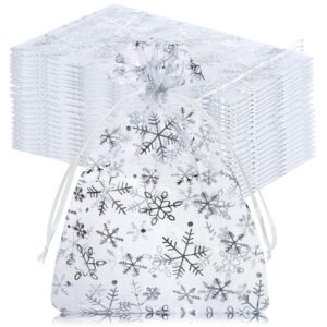 100pcs christmas organza bags, 4x6 organza gift bags snowflake mesh drawstring gift bags for xmas wedding party favor, jewelry candy goodie bags