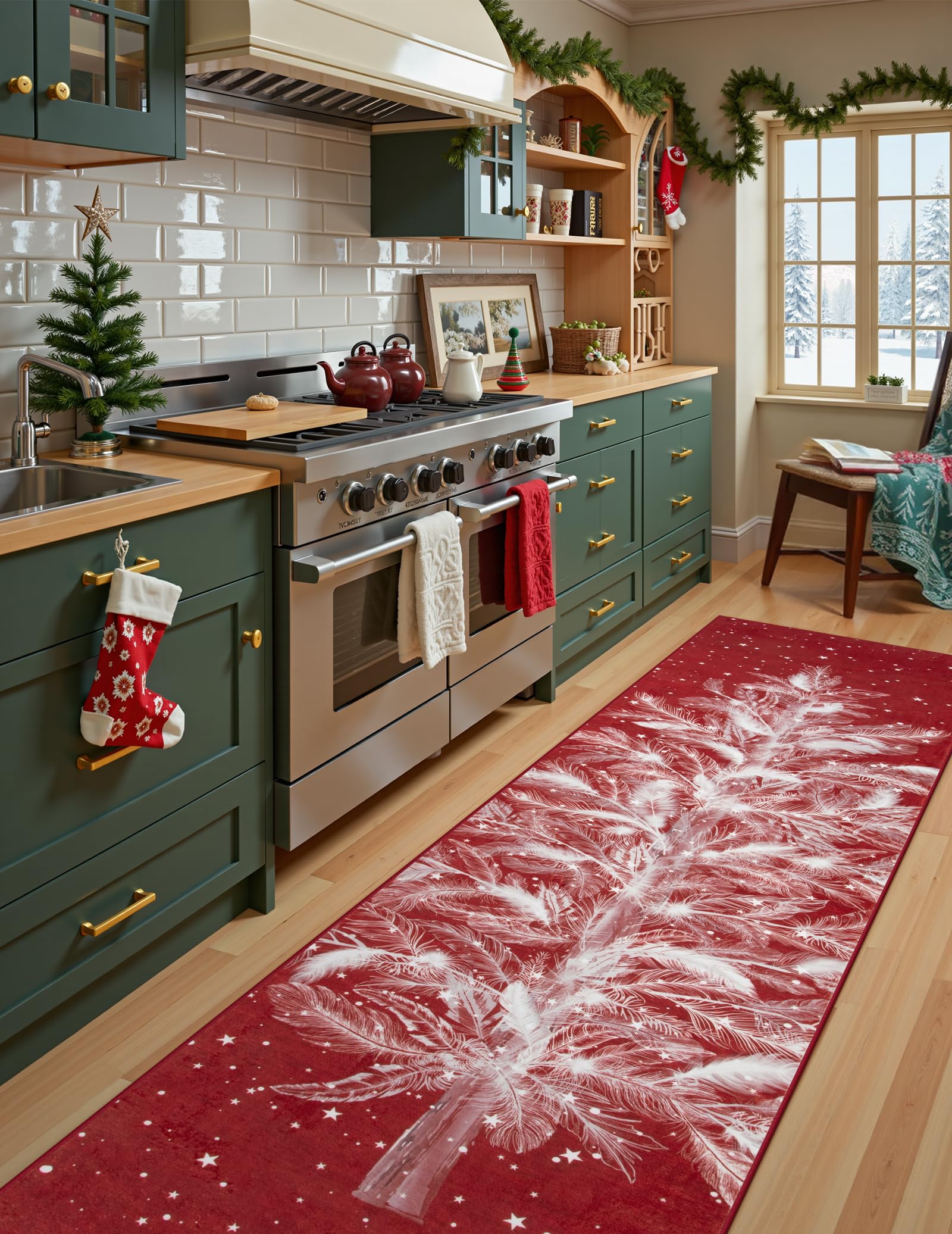 Lahome Christmas Runner Rugs 2x8 Non-Slip Hallway Runner, Washable Christmas Rug Stain Resistant Red Kitchen Runner Rug, Christmas Tree Print Holiday Decor Untra-Thin Runner for Bedroom (Red,2'x8')