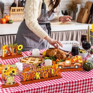 Blosssound 6 Pcs Fall Table Decorations Wooden Thanksgiving Table Signs Hello Fall Truck Gnomes Pumpkin Sunflower Table Centerpieces for Autumn Harvest Happy Thanksgiving Party Decor Supplies Gifts