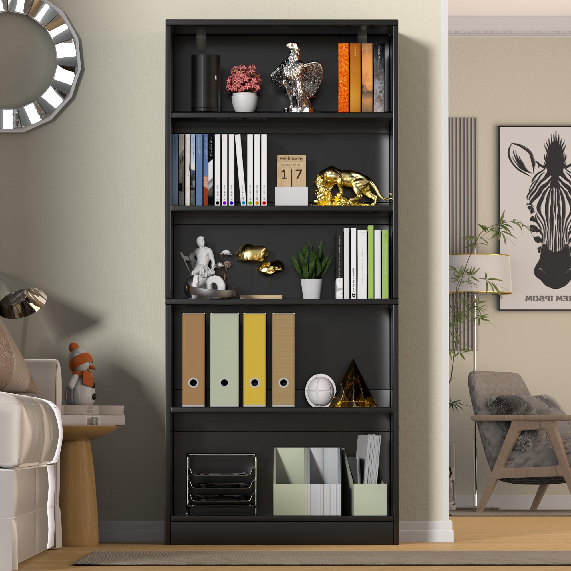 holzart 71" Tall Book Shelf, 5 Tier Large Bookshelf, Standing Wood Display Book Shelf for Living Room, Office, Library with Doors, 31.5" W x 70.87" H x 11.81" D, Black