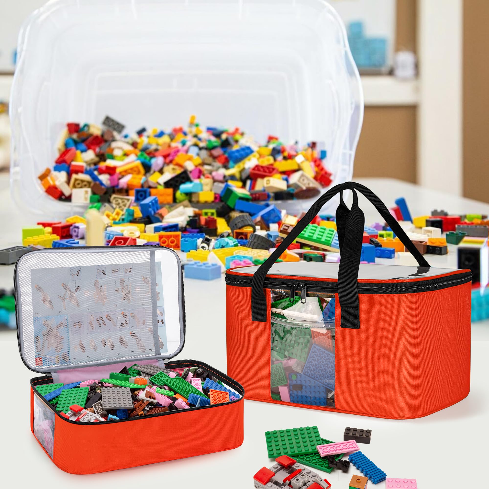 Rexmica 2pcs Large Toy Storage Organizer Bag Compatible with Lego Bricks, Construction Toy Travel Bag for Toy Interlocking Gear, Stacking Block, Building Blocks, Magnetic Tiles, Toy Cars, Orange