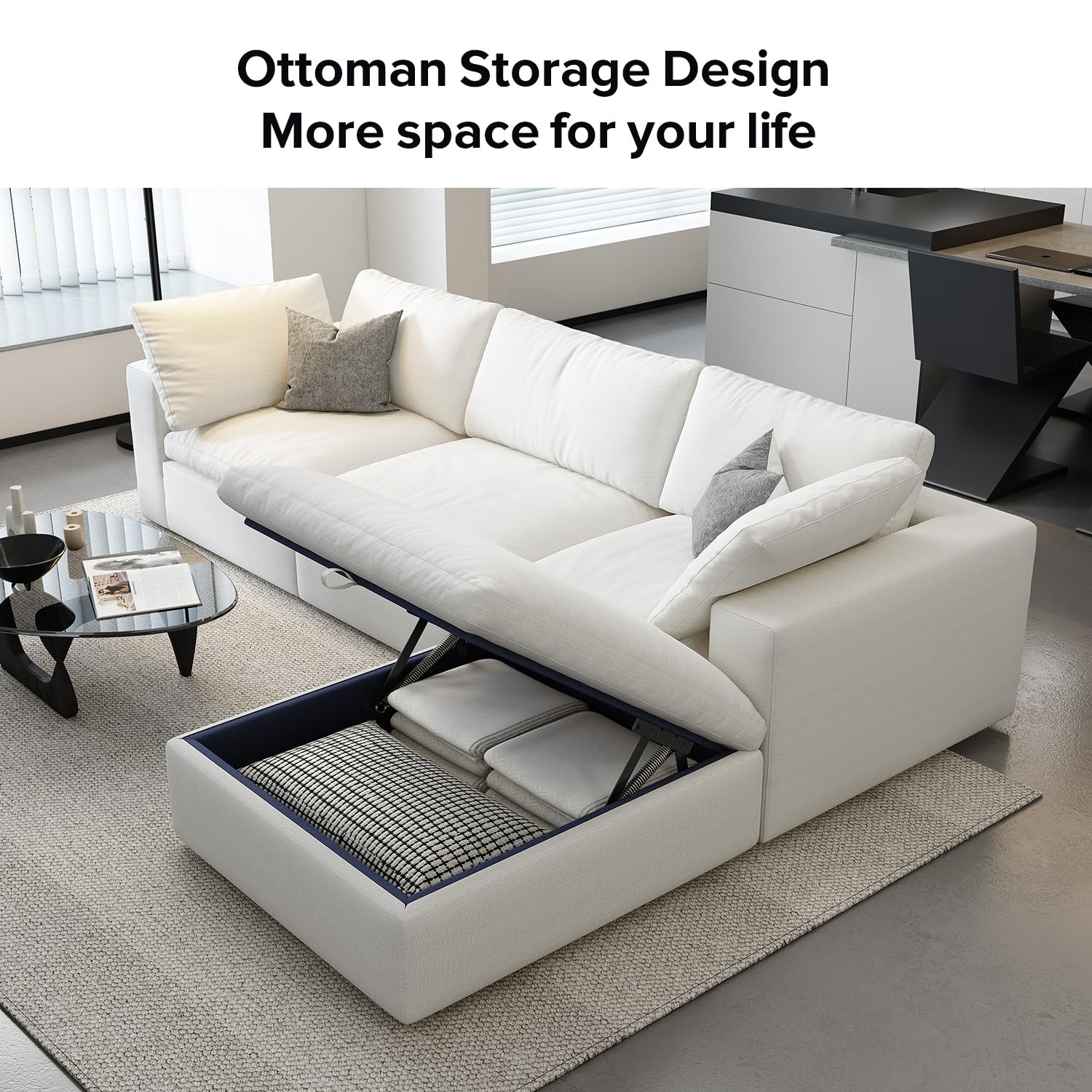 Cloud Modular Sectional Sofa with Storage Ottoman,120" L Shaped Sectional Couches for Living Room,Down Filled Comfort Minimalist Deep Sofa Couches for Office Apartment (White, 3 Seater+1 Ottoman)