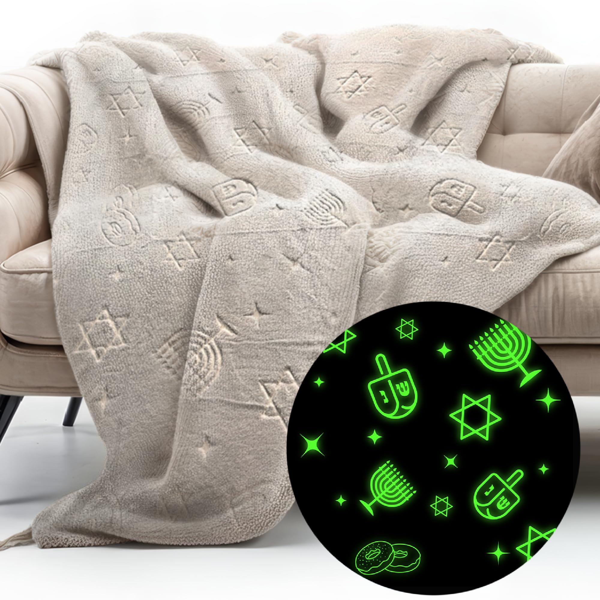 Glow in The Dark Chanukah Blanket – Soft Flannel Throw with Menorah, Dreidels & Jewish Stars – Perfect Hanukkah Gift for Kids & Adults – Cozy, Plush, and Machine Washable – All Season Holiday Blanket