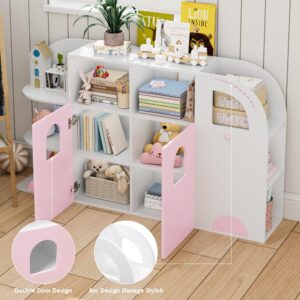 FOTOSOK Toy Storage Organizer with Truck Design, Kids Bookshelf with 12 Storage Cubbies and 2 Door, Toy Organizers and Storage for Playroom, Bedroom, School, Nursery, Pink and White