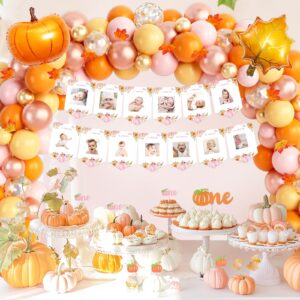 Fiesec Little Pumpkin 1st Birthday Decorations, Thanksgiving Fall First Birthday Party Decorations for Girls, Our Little Pumpkin is Turning One Decor Banner Balloon Cake Cupcake Topper Crown Poster