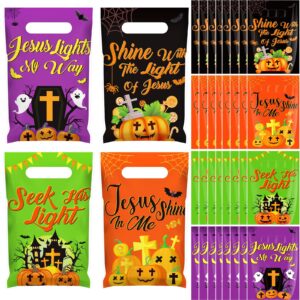 tiangrid 48 pieces halloween plastic gift bags halloween pumpkin treat bags christian religious candy bags mixed color party favors bags with handle for holiday supplies