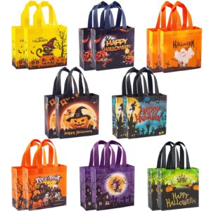 deceed 16pcs small halloween tote bags,8 pattern trick or treat bags with handle,halloween bags for kids,goodie bag for halloween party supplies