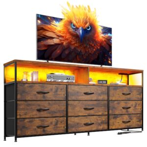 enhomee 55” w dresser, rustic brown dresser for bedroom with power outlet & led lights for 65" tv stand bedroom dresser with 9 fabric drawers, long sturdy dressers for bedroom, closet, entryway