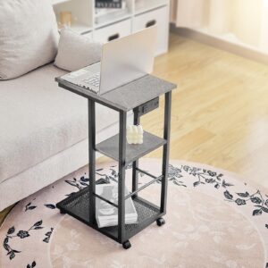 Redlife C Shaped End Table, Small Side Table with Rolling Wheels for Couch with Charging Station, High Slide Under Sofa TableSnack Side Table with Storage Basket for Small Spaces(Grey)