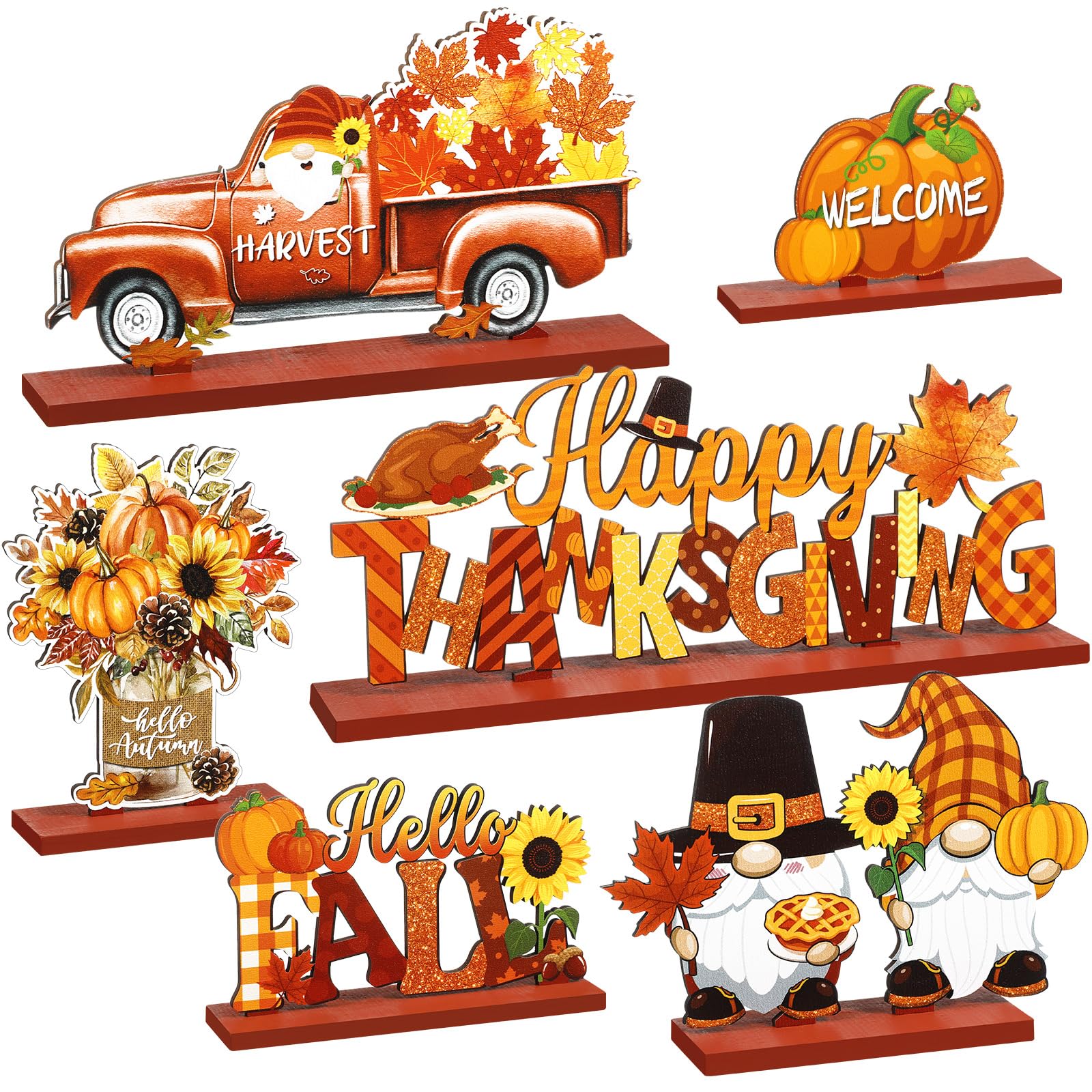 Blosssound 6 Pcs Fall Table Decorations Wooden Thanksgiving Table Signs Hello Fall Truck Gnomes Pumpkin Sunflower Table Centerpieces for Autumn Harvest Happy Thanksgiving Party Decor Supplies Gifts