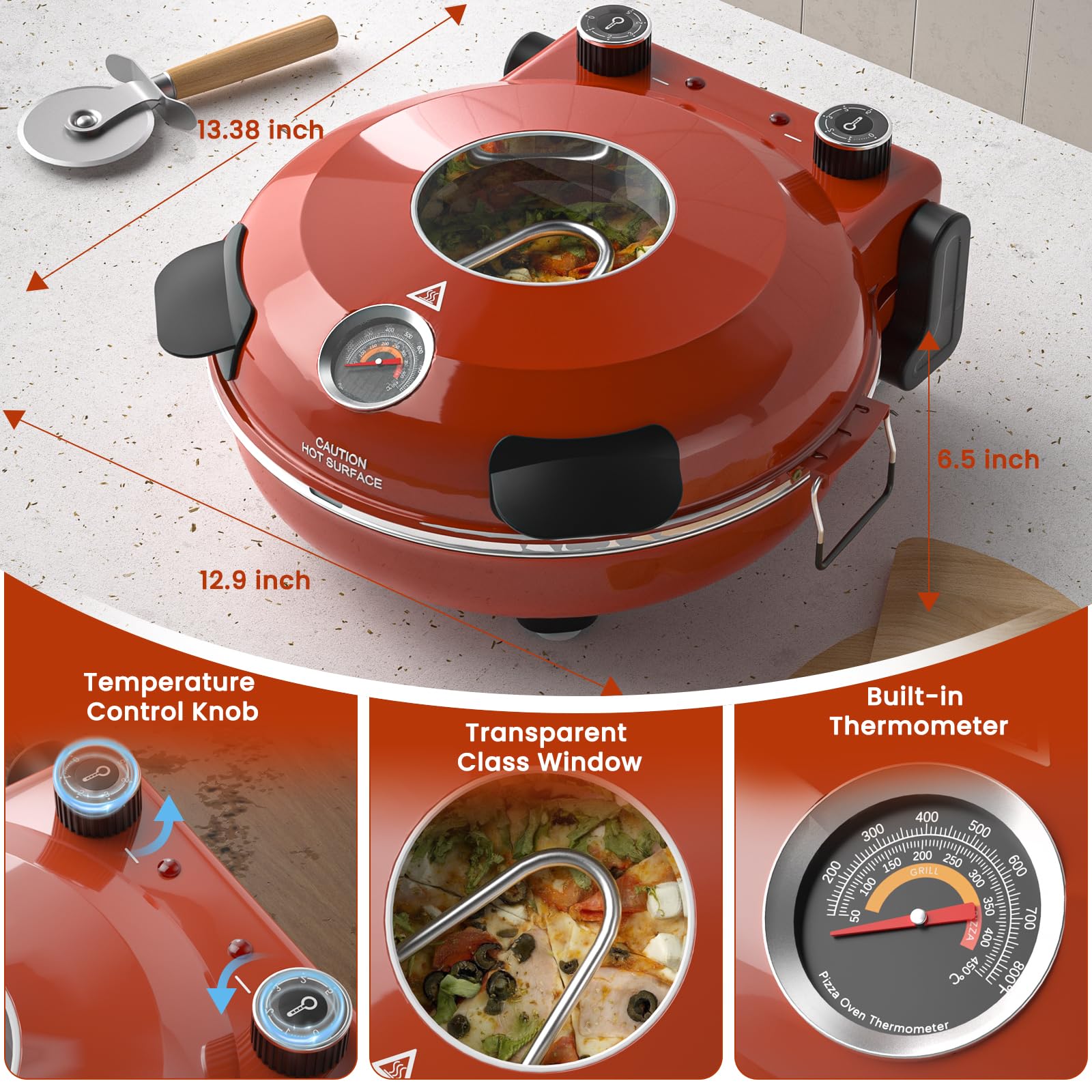 TMEDW Electric Pizza Oven, 12 inch Portable Pizza Oven Indoor, Countertop Pizza Maker with Wooden Pizza Paddles & Pizza Cutter