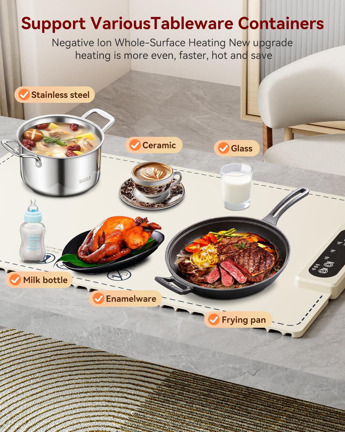 Negative ion Food Warming Mat with Adjustable Temperature,Foldable Electric Warming Tray for Parties Features 3 Modes & Fast Heating,Roll Up Food Warmer for Parties,Shabbat,Christmas （White）