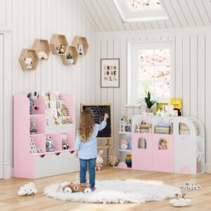 FOTOSOK Toy Storage Organizer with Truck Design, Kids Bookshelf with 12 Storage Cubbies and 2 Door, Toy Organizers and Storage for Playroom, Bedroom, School, Nursery, Pink and White