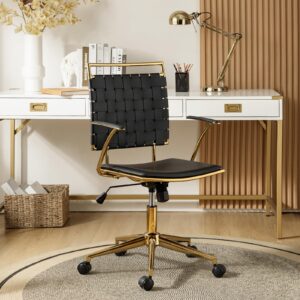 hulala home faux leather woven office desk chair, adjustable swivel task chair with padded arms and golden legs, modern rattan upholstered computer chair, black