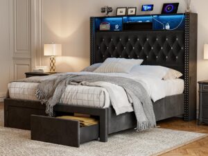 cikunasi upholstered queen size bed frame with headboard and storage, 60“tall bed frame with 2 drawers, tufted wingback bed frame queen size led light, charging station, no box spring needed