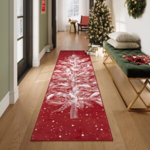 Lahome Christmas Runner Rugs 2x8 Non-Slip Hallway Runner, Washable Christmas Rug Stain Resistant Red Kitchen Runner Rug, Christmas Tree Print Holiday Decor Untra-Thin Runner for Bedroom (Red,2'x8')