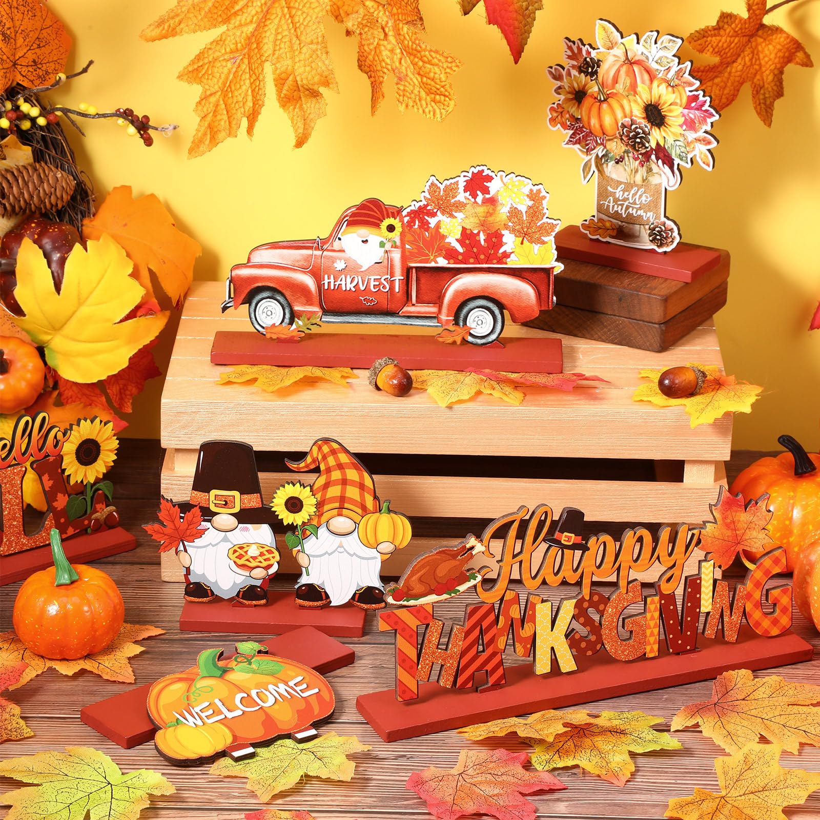 Blosssound 6 Pcs Fall Table Decorations Wooden Thanksgiving Table Signs Hello Fall Truck Gnomes Pumpkin Sunflower Table Centerpieces for Autumn Harvest Happy Thanksgiving Party Decor Supplies Gifts