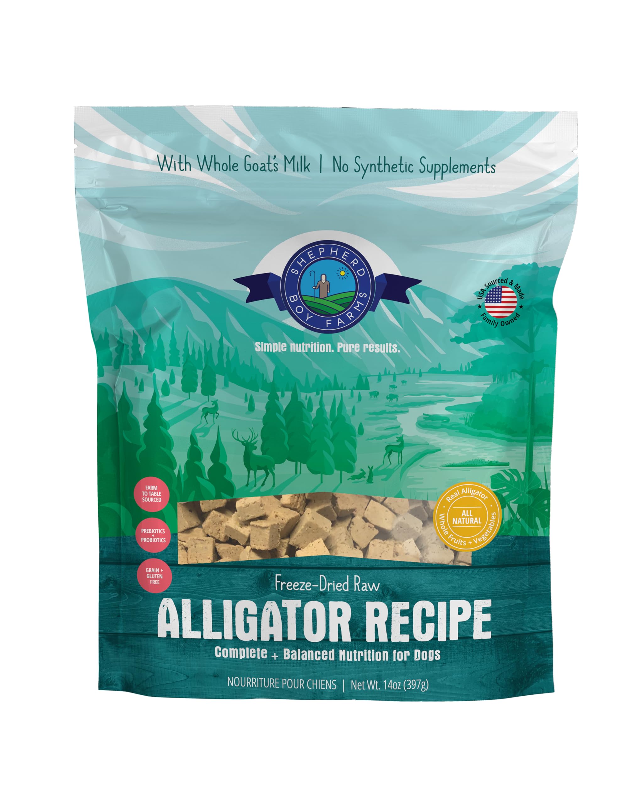 Shepherd Boy Farms Freeze Dried Raw Dog Food (Alligator Recipe), All Natural Raw Dog Food, 14 oz Bag, Freeze-Dried Dog Food, Made in USA, Novel Protein, Raw Nutrition, Food Topper or Complete Meal