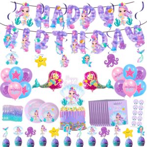 mermaid birthday decorations kit, all-in-1 girl's party decor package with mermaid tail balloons, hanging swirls, goodie bags, birthday banner, plates- purple, teal. mermaid party supplies for kids.