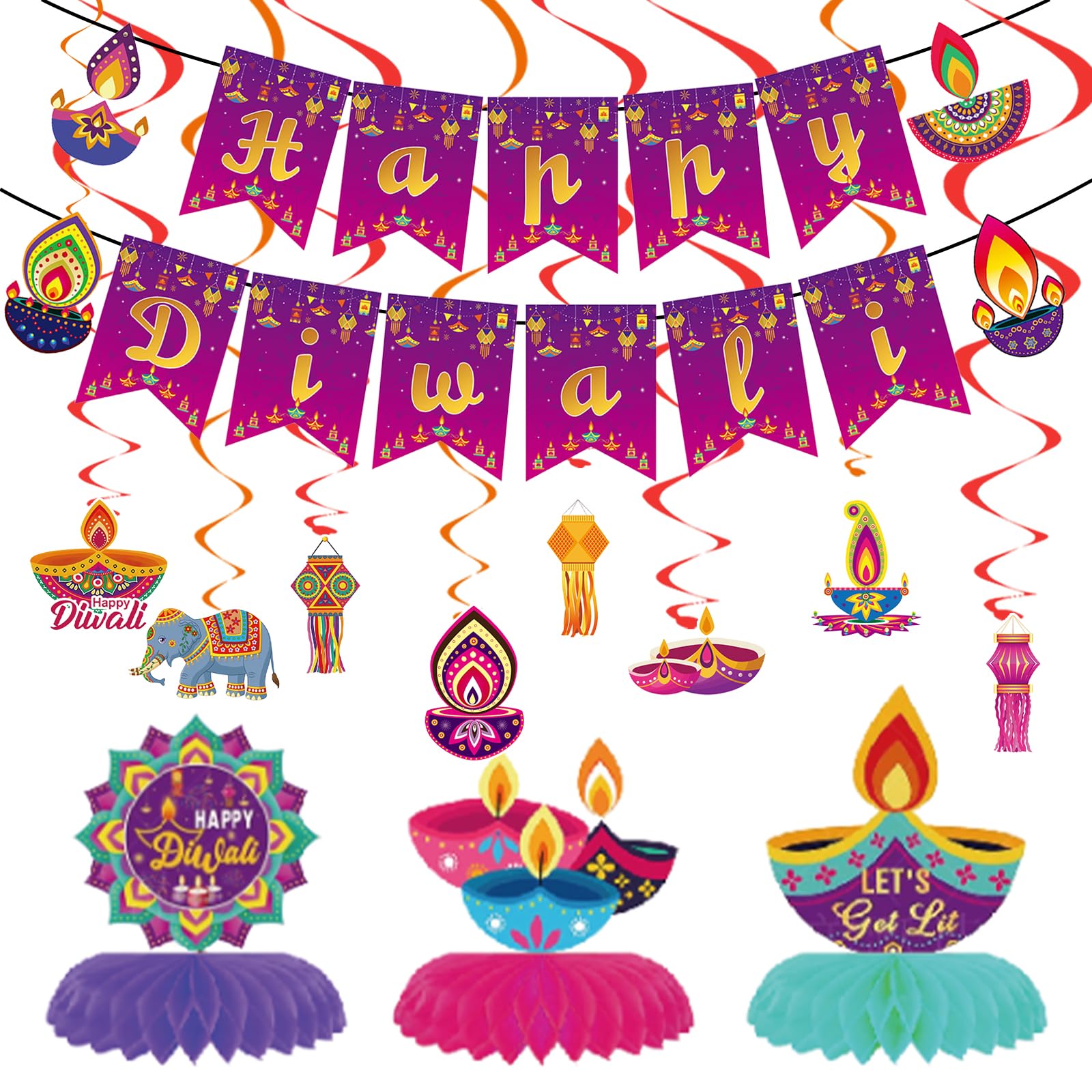 Diwali Decorations Happy Diwali Banner Hanging Swirls and Table Decorations Honeycomb Centerpieces for House Happy Diwali Banner for Diwali Rangoli Diya Hanging Decors