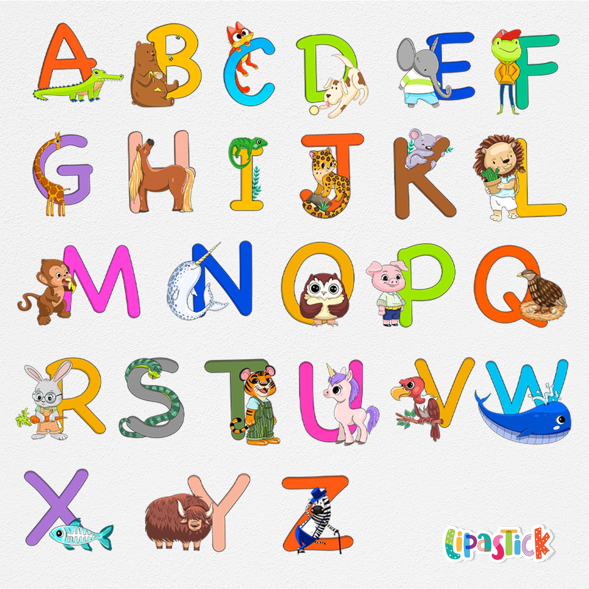 ABC Educational Wall Stickers for Kids - Animal Alphabet Wall Decals by Lipastick - Letters Wall Decals for Bedroom Girls Boys Baby Room Decoration Nursery Removable Wall Decals Peel and Stick