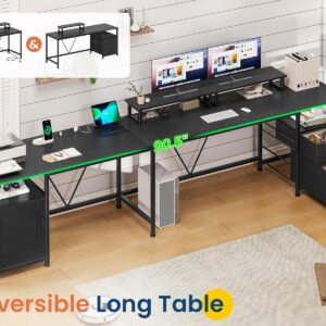 UPOSOJA 67in L Shaped Computer Desk with Power Outlets, 90.5in Long Home Office Desks with 2 Monitor Stands, 2PC Small Corner Table, Storage Cabinet Rack Drawers(Black)