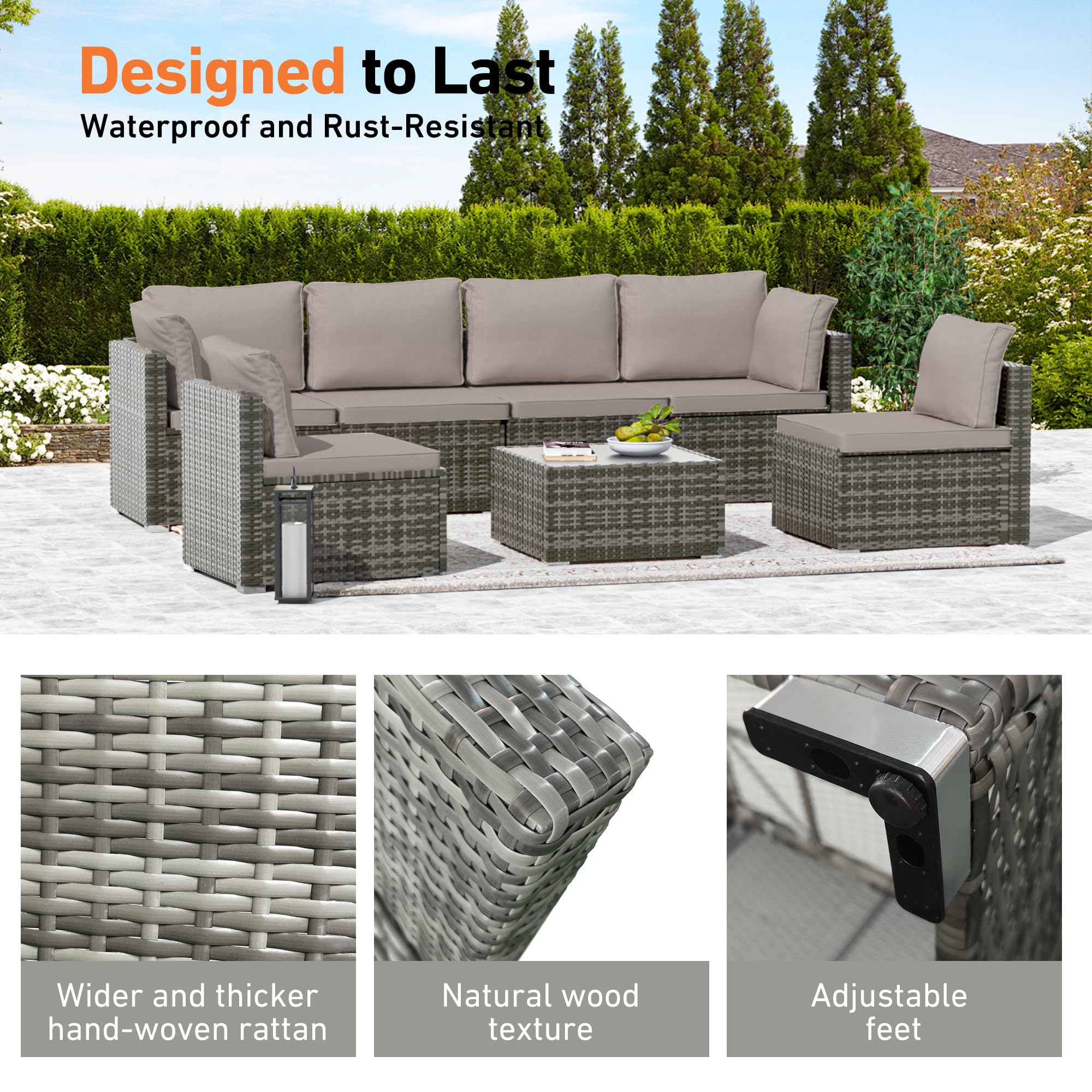 Covered Outdoor Patio Furniture Set, 7 Pieces Patio Furniture Sets with Glass Table, All-Weather PE Wicker Outdoor Couch Sectional Set, Outdoor Furniture Set for Garden/Patio/Ottoman, Grey