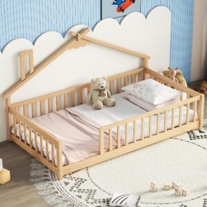 keiki twin house-shaped bedside floor bed with guardrails, slats, without door,natural