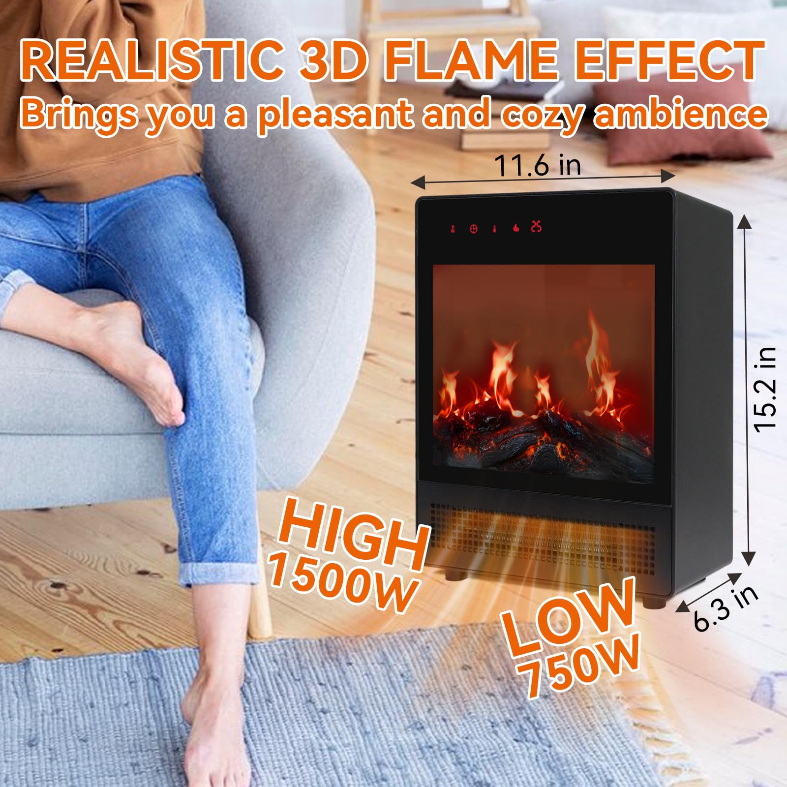 Electric Fireplace Heaters for Indoor Use, 750W/1500W Space Heater Fireplace with LED Realistic Flame & Remote, Portable Fireplace Heater for Home Office