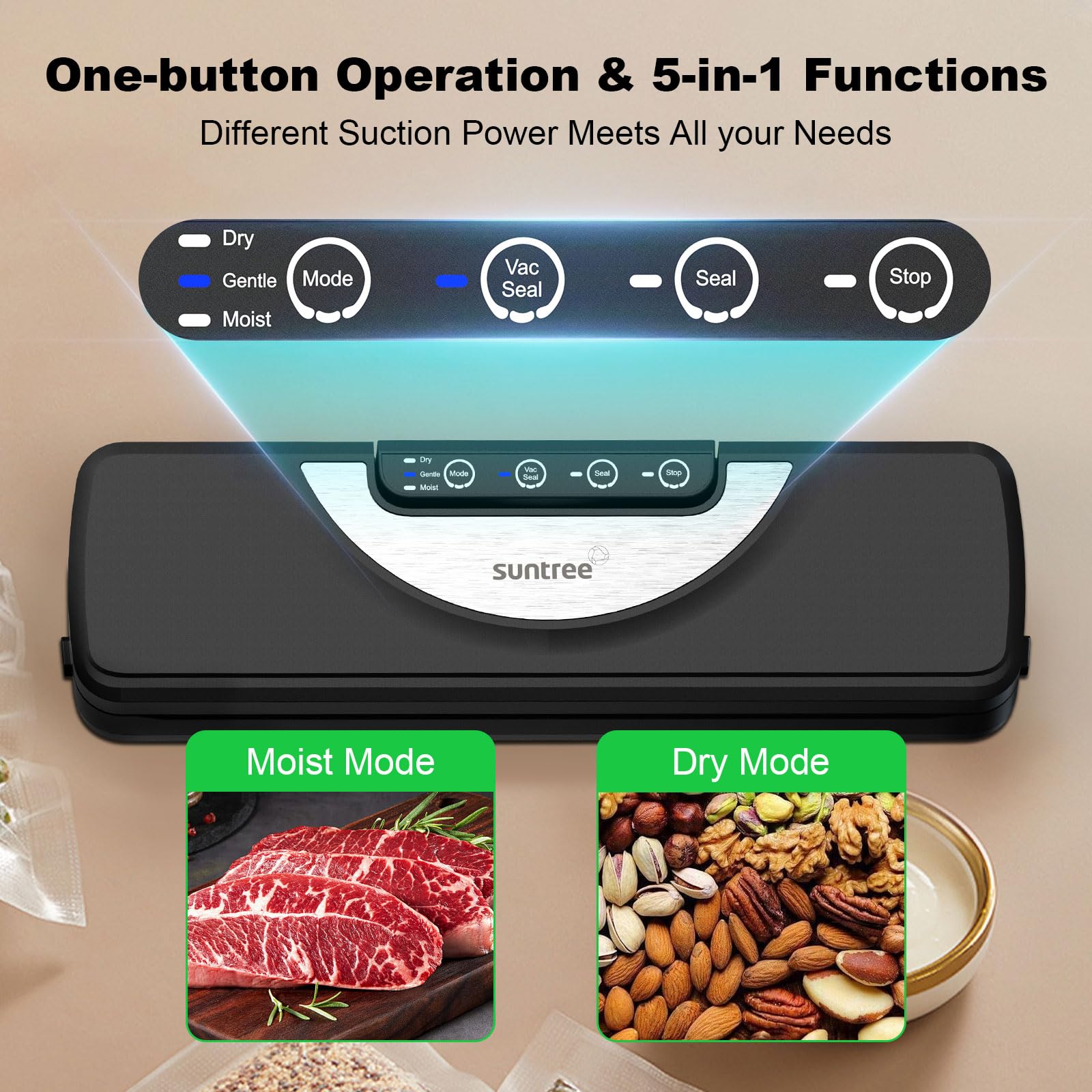 Suntree Vacuum Sealer Machine for Food, Compact Food Sealer Vacuum Sealer Dry/Moist/Gentle Modes with Build-in Cutter, Food Vacuum Sealer with 15pcs Vacuum Bags, External VAC for Jars and Containers