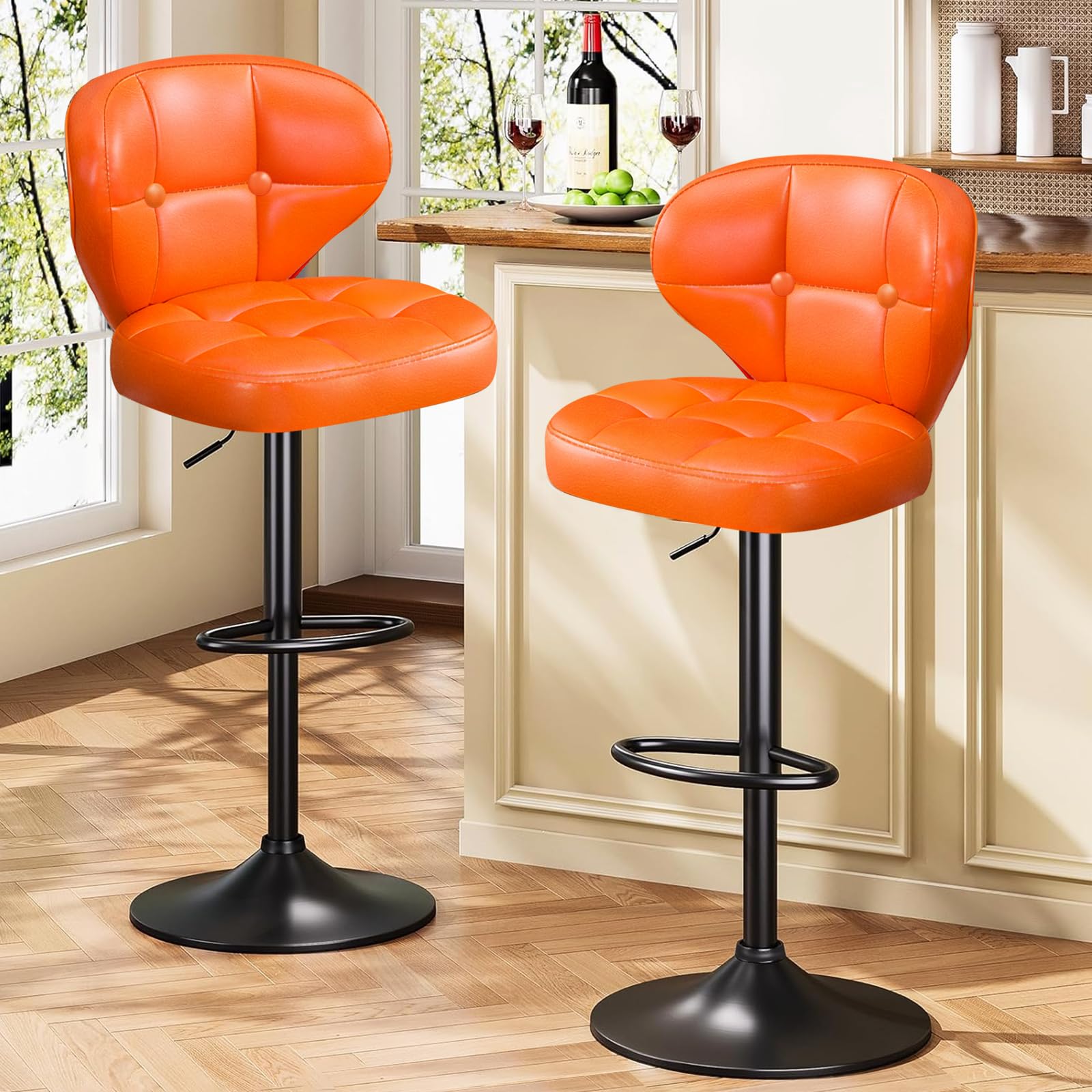 Modern Bar Stool Set of 2 Swivel Kitchen Stool Height Adjustable Padded Seat with Backrest Metal Frame Anti-Slip Base Ideal for Home Restaurant Bar (Orange)