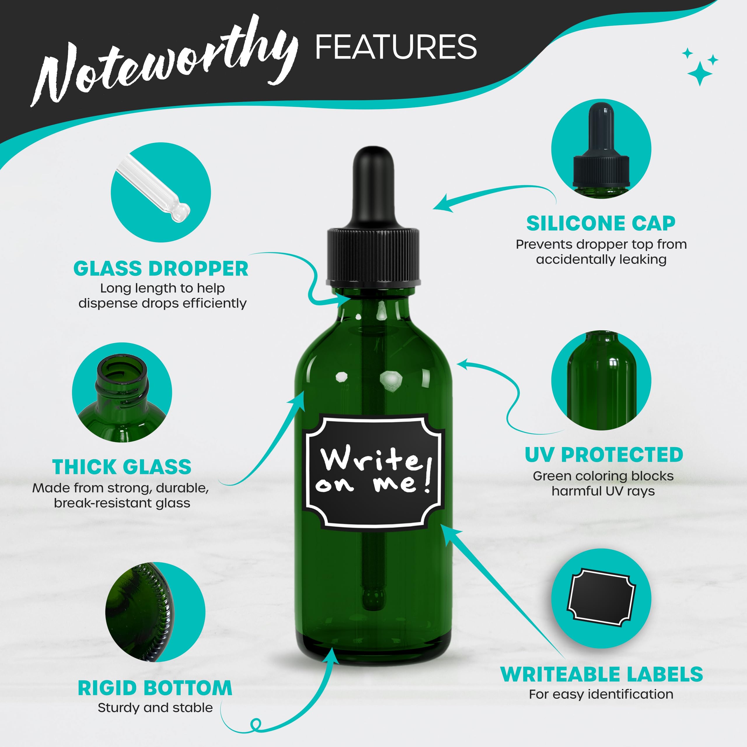 Nevlers 48PK Green Glass Dropper Bottle 2oz | No-Leak Firm Suction Mini Dropper Bottles for Travel | Oil Bottles for Hair | Tincture Bottles with Dropper | Empty Eye Dropper Bottle | Medicine Dropper