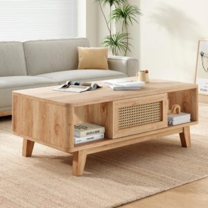 pasbas coffee table, mid century modern coffee table with rattan drawer, wood coffee table for living room, rattan living room table with storage, woven wooden coffee table support up to 110 lbs