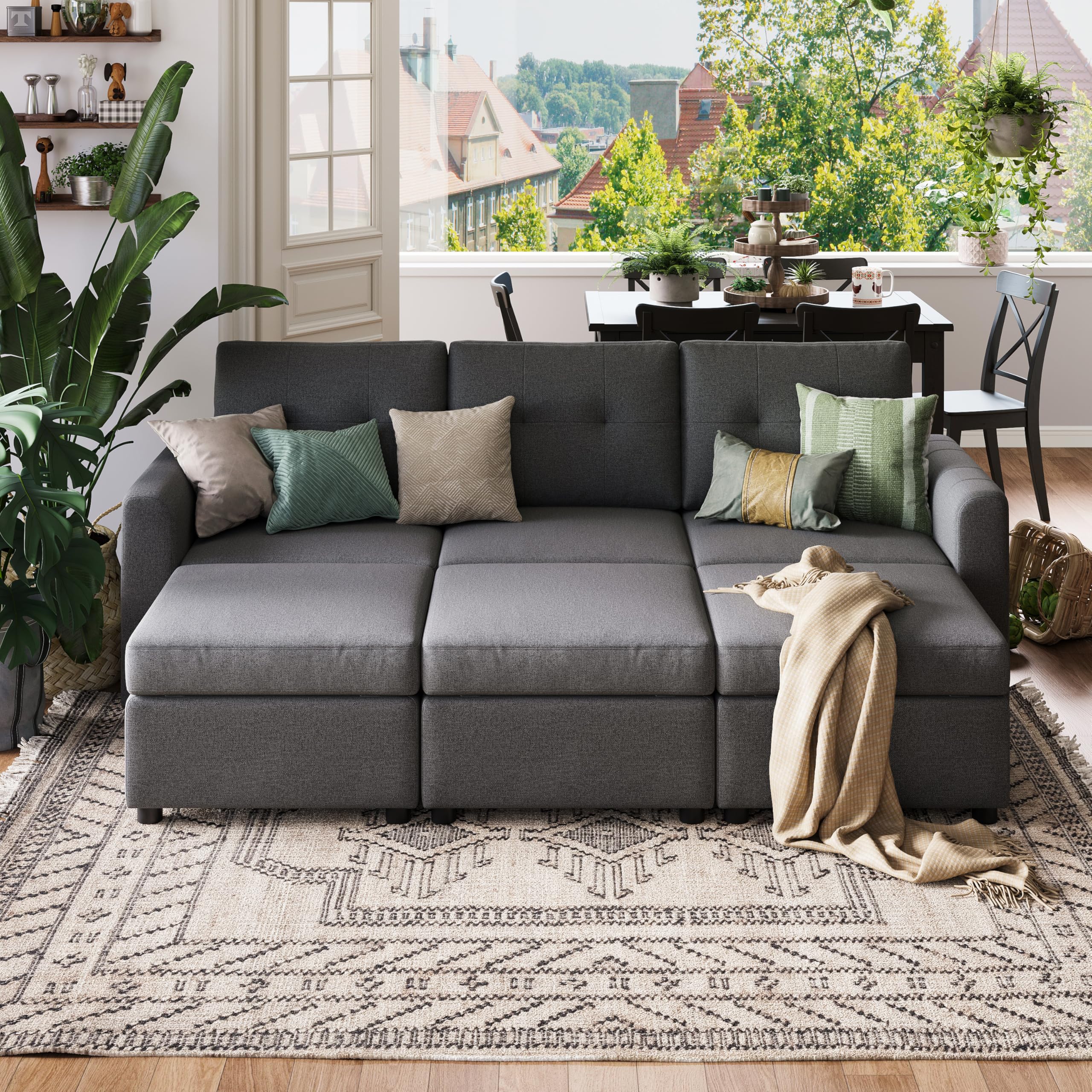 LINSY HOME Rubik III 95" Sectional Sleeper Couch, Modular Sofa Bed Couch with Storage, 6 Seats Convertible Sleeper Sofa for Living Room, 3 Seats with 3 Ottomans, Dark Grey