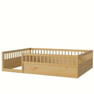 Favfurish Full Size Montessori Floor Bed, Solid Wood Playhouse Bedframe with Safety High Fence for Kids, Girls, Boys, Bedroom, Playroom, Easy Assembly & No Box Spring Needed, Natural