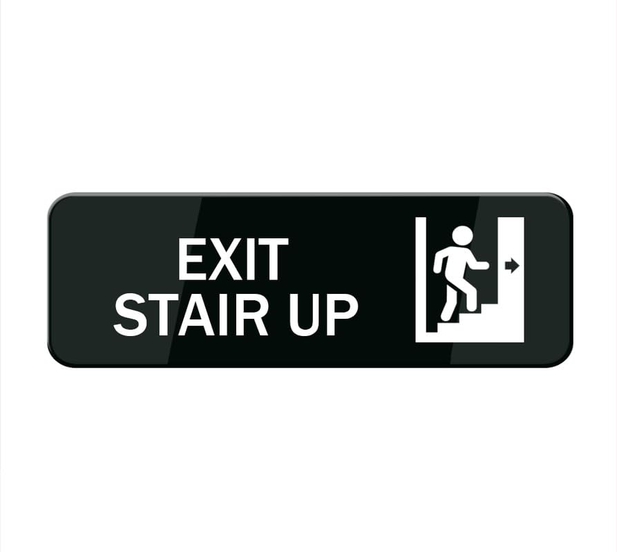 Exit Stair Up Sign For Door, Acrylic Plastic, Black And White, Rounded Corners, Durable, Long Lasting With Double Sided Tape - 8"" X 3""