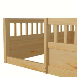 Favfurish Full Size Montessori Floor Bed, Solid Wood Playhouse Bedframe with Safety High Fence for Kids, Girls, Boys, Bedroom, Playroom, Easy Assembly & No Box Spring Needed, Natural