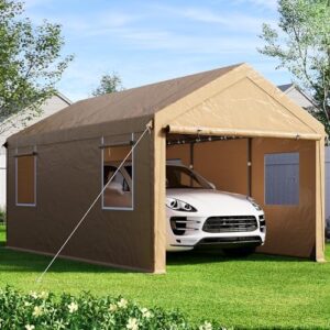 sanway 10'x20' heavy duty carport with removable sidewalls & doors, portable garage with roll-up ventilated windows, beige