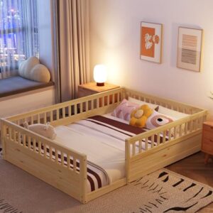 Favfurish Full Size Montessori Floor Bed, Solid Wood Playhouse Bedframe with Safety High Fence for Kids, Girls, Boys, Bedroom, Playroom, Easy Assembly & No Box Spring Needed, Natural