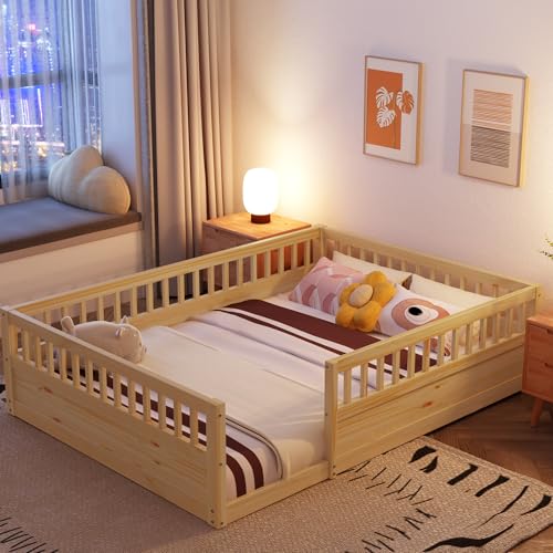 Favfurish Full Size Montessori Floor Bed, Solid Wood Playhouse Bedframe with Safety High Fence for Kids, Girls, Boys, Bedroom, Playroom, Easy Assembly & No Box Spring Needed, Natural