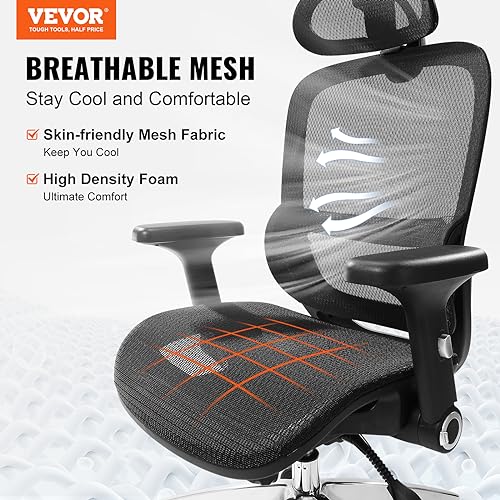 VEVOR Mesh Office Chair, Adjustable High Back Desk Chair with Mesh Seat, Angle and Height Adjustable Home Office Chair with Lumbar and Head Support, Swivel Computer Task Chair