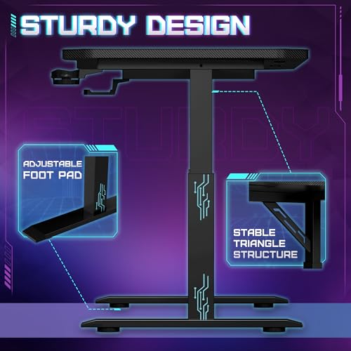 Shahoo Gaming Desk with Full Mouse Pad, Manual Adjustable Height Computer Table with Headphone Hook and Cup Holder, Black, 55 Inch