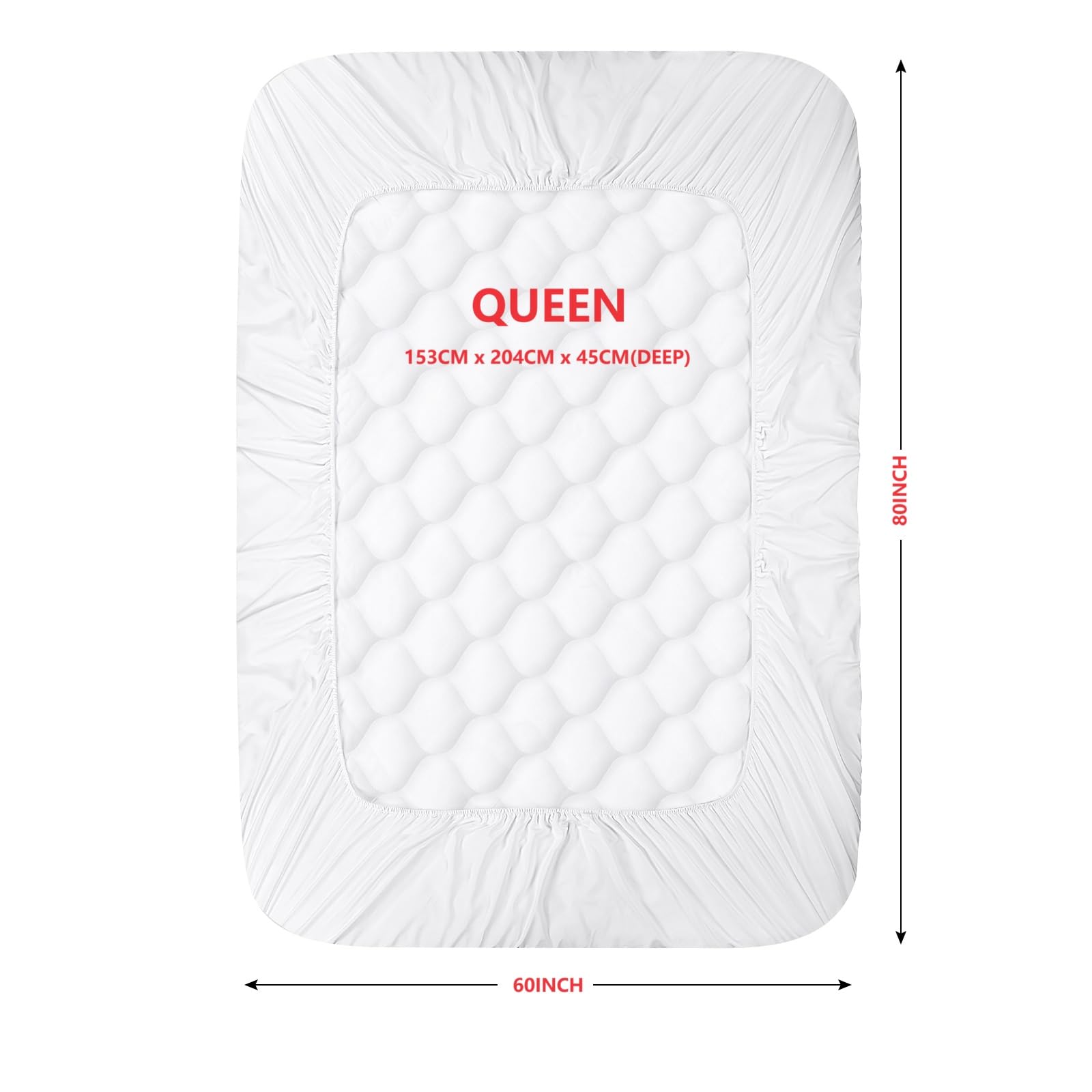 WINGLAM-Quilted Fitted Mattress Pad (Waterproof)-Elastic Fitted Mattress Protector(White)-Bed Cover Stretches up to 18 Inches with Deep Pocket(Queen)-Machine Washable Mattress Cover-Fluffy & Soft