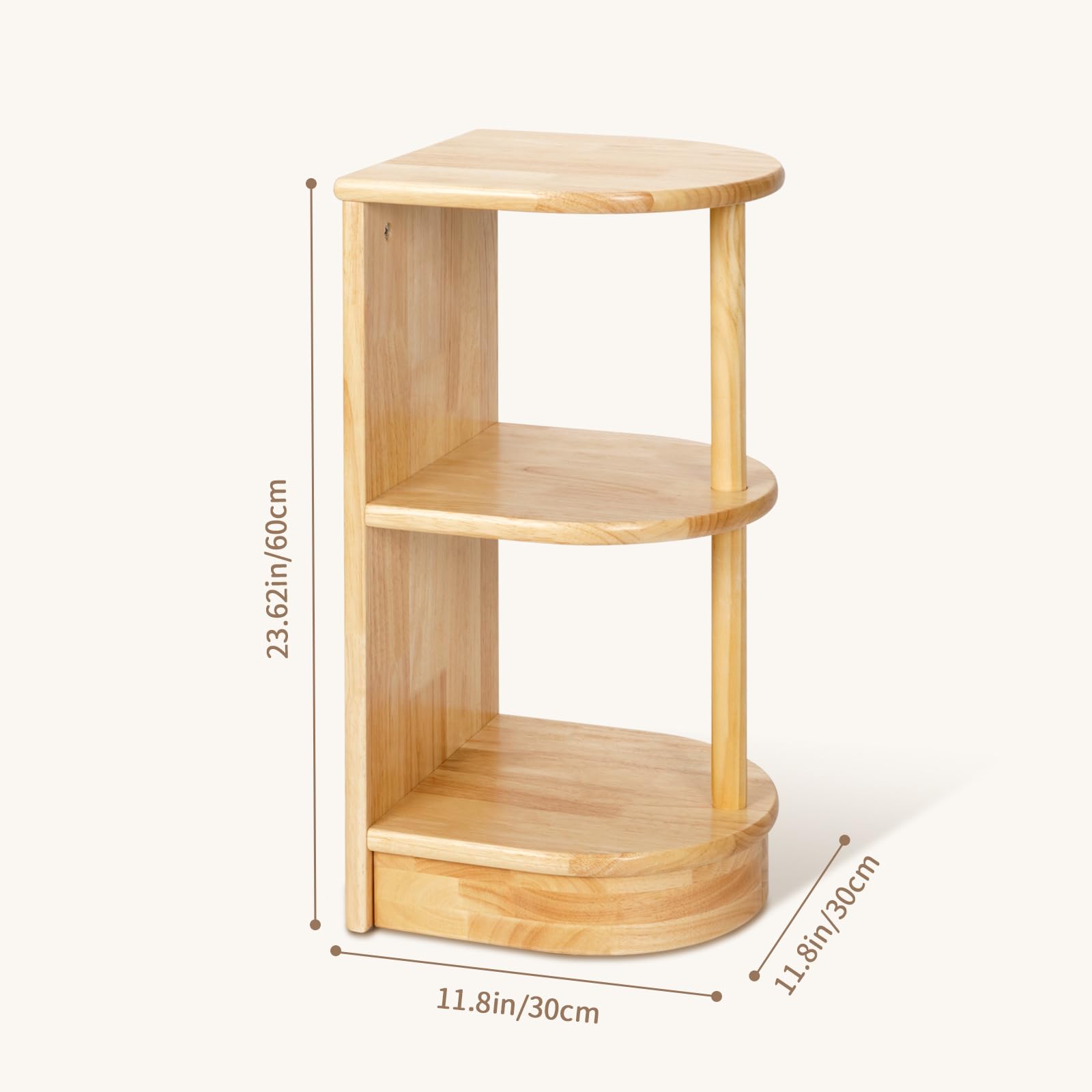 OOOK Rubber Wood Corner Storage Shelf, 3-Tier Display Shelf, Montessori Small Shelf for Kids Room, Classroom, Living Room, Play Room, Nursery and More. Ideal Choice for Shelf Combination.