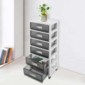 6-drawer Plastic Home Office Bedroom & Closet Organizer Storage Drawers, Plastic Drawer Storage Organizer Rolling Cart with Wheels Casters for Classroom Bedroom Living Room, Black White